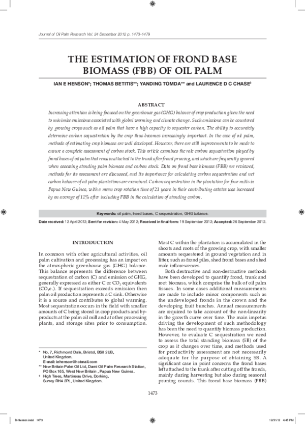 (PDF) The estimation of frond base biomass (FBB) of oil palm