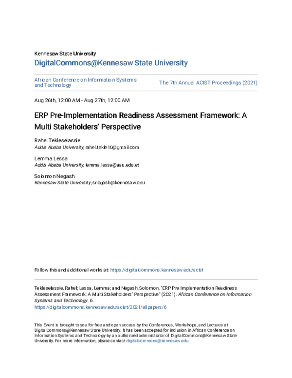 (PDF) ERP Pre-Implementation Readiness Assessment Framework: A Multi Stakeholders’ Perspective
