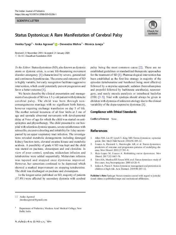(PDF) Status Dystonicus: A Rare Manifestation of Cerebral Palsy