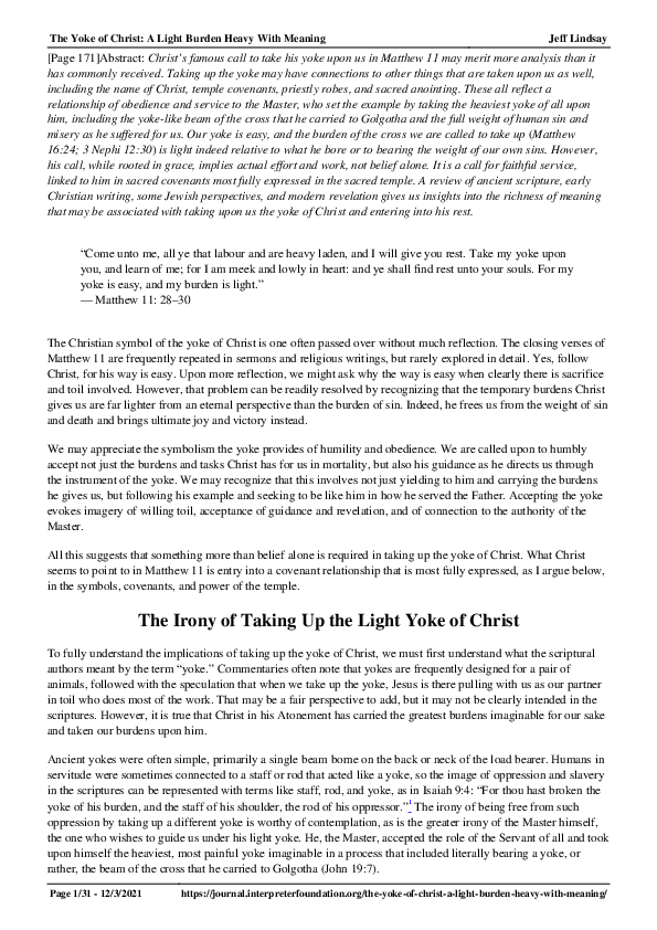 (PDF) The Yoke of Christ: A Light Burden Heavy With Meaning