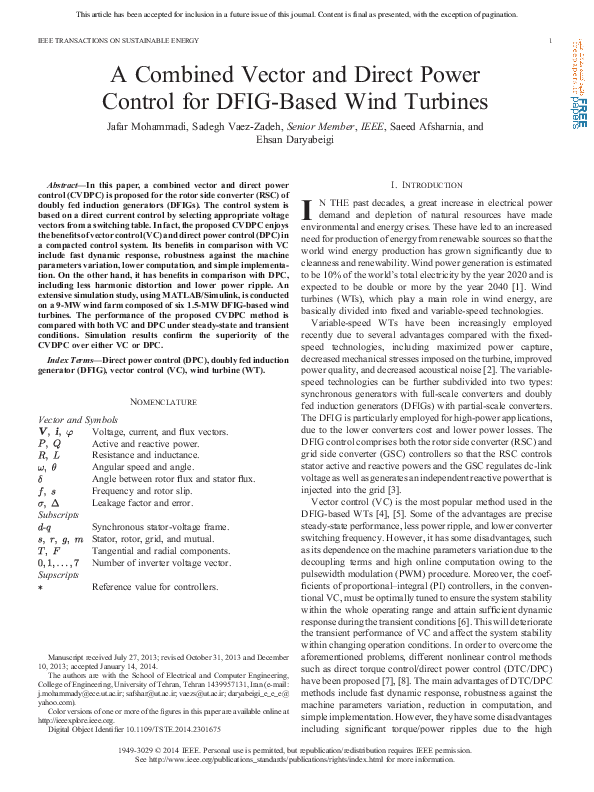 (PDF) A Combined Vector and Direct Power Control for DFIG-Based Wind Turbines