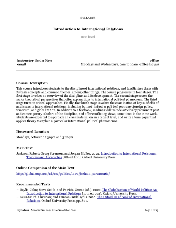 (PDF) Syllabus: Intro to International Relations (200-level)