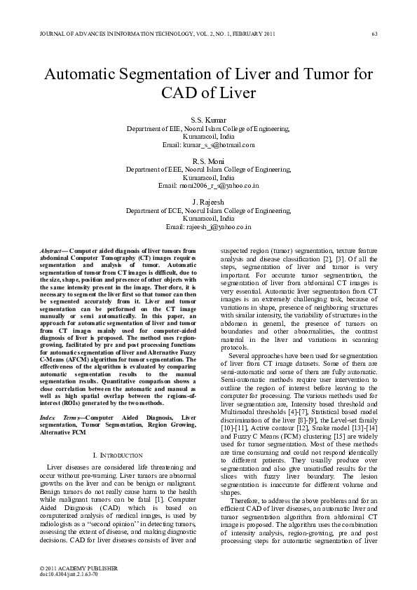 (PDF) Automatic Segmentation of Liver and Tumor for CAD of Liver | N.santha Kumar - Academia.edu