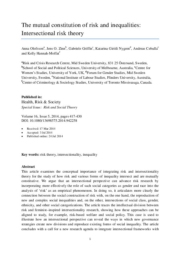 (PDF) The mutual constitution of risk and inequalities: intersectional ...