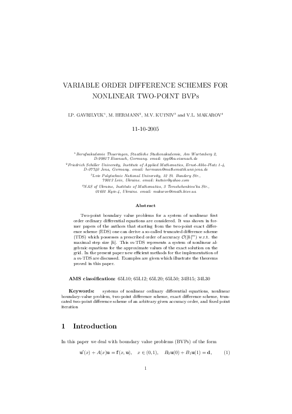 (PDF) VARIABLE ORDER DIFFERENCE SCHEMES FOR NONLINEAR TWO-POINT BVPs