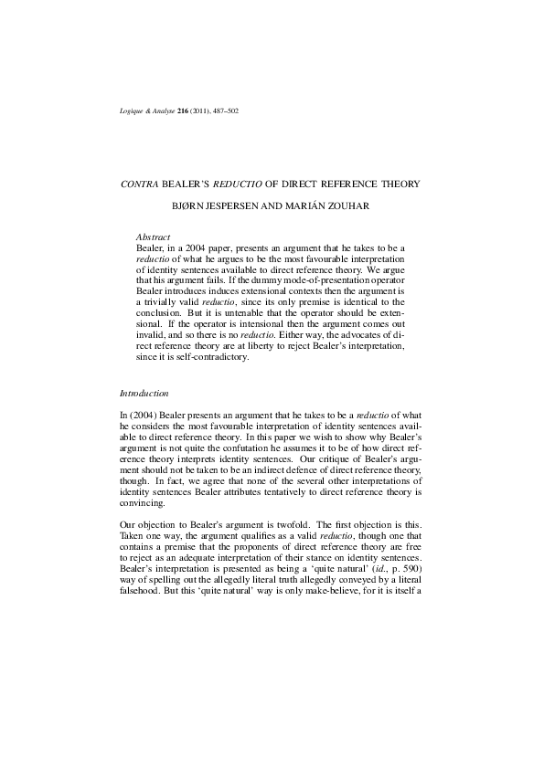 (PDF) Contra Bealer's reductio of Direct Reference Theory