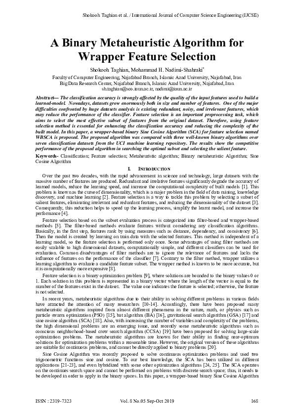 (PDF) A Binary Metaheuristic Algorithm for Wrapper Feature Selection
