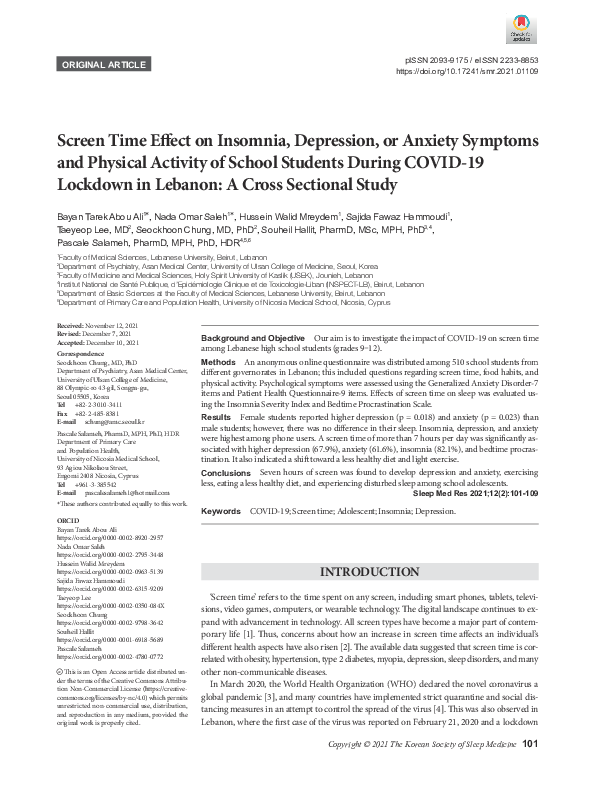 (PDF) Screen Time Effect on Insomnia, Depression, or Anxiety Symptoms ...