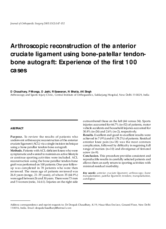 (PDF) Arthroscopic Reconstruction of the Anterior Cruciate Ligament Using Bone-Patellar Tendon ...