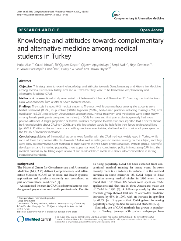 (PDF) Knowledge and attitudes towards complementary and alternative medicine among medical ...