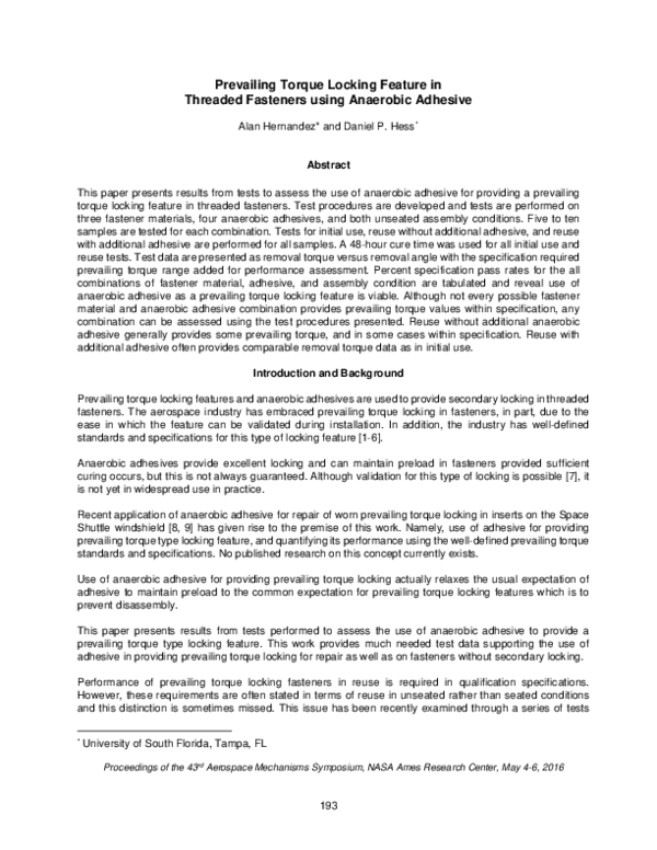 (PDF) Prevailing Torque Locking Feature in Threaded Fasteners Using ...
