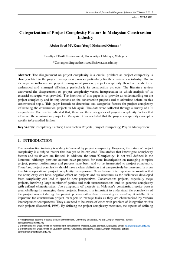 (PDF) Categorization of Project Complexity Factors In Malaysian ...