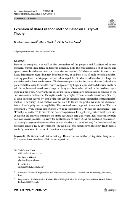Pdf Extension Of Base Criterion Method Based On Fuzzy Set Theory