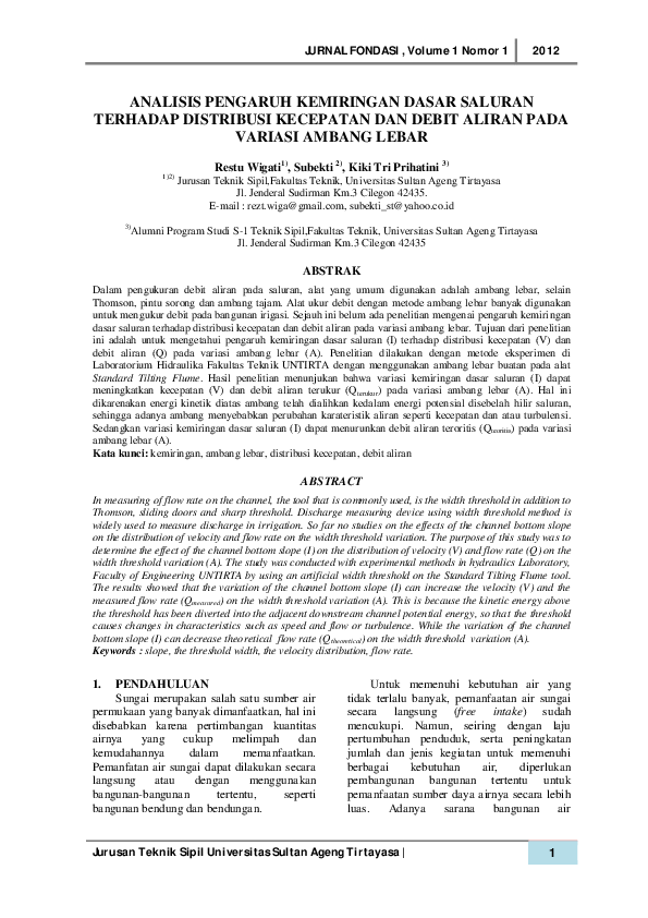 (PDF) Analisis Pengaruh Kemiringan Dasar Saluran Terhadap Distribusi Kecepatan Dan Debit Aliran ...