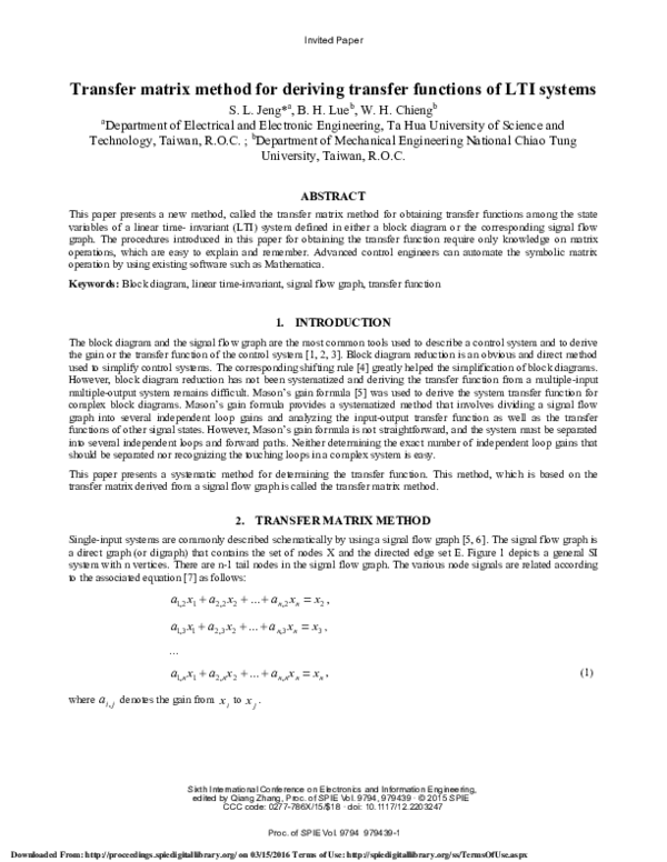 (PDF) Transfer matrix method for deriving transfer functions of LTI systems