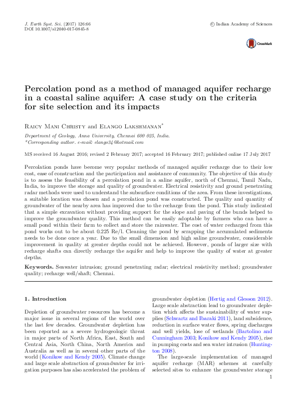 (PDF) Percolation pond as a method of managed aquifer recharge in a coastal saline aquifer: A ...