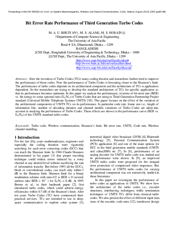 (PDF) Bit Error Rate Performance of Third Generation Turbo Codes
