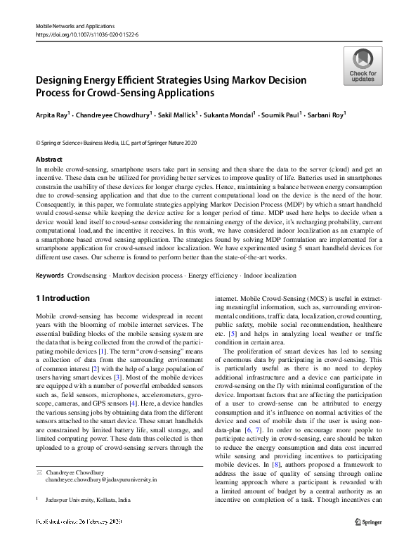 (PDF) Designing Energy Efficient Strategies Using Markov Decision Process for Crowd-Sensing ...