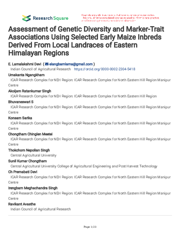 (PDF) Assessment of Genetic Diversity and Marker-Trait Associations Using Selected Early Maize ...
