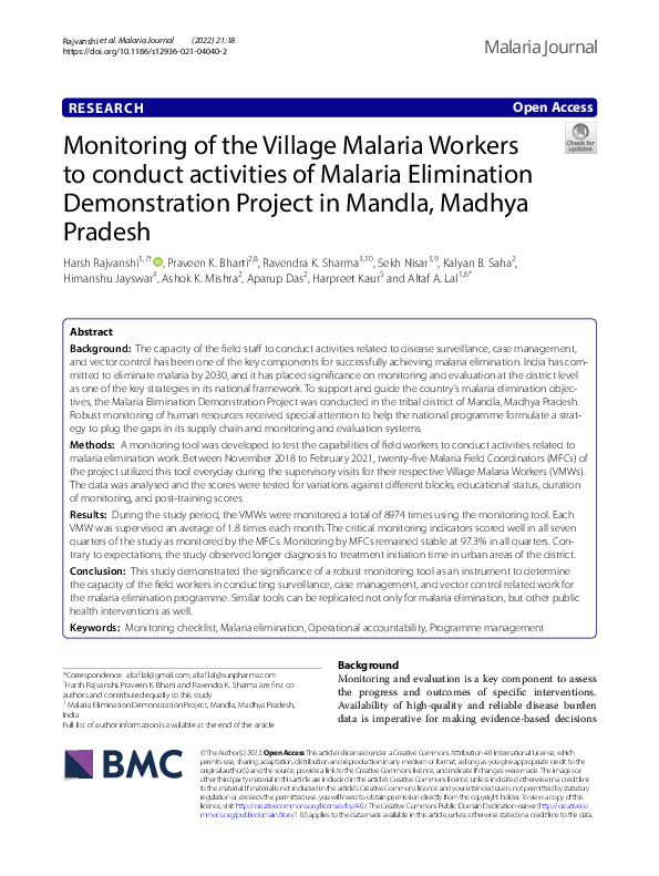 (PDF) Monitoring of the Village Malaria Workers to conduct activities ...
