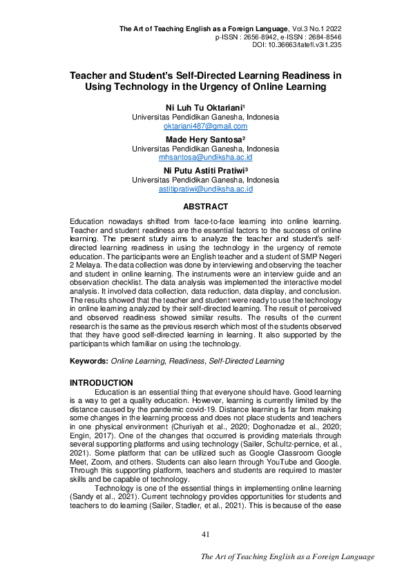 (PDF) Teacher and Student’s Self-Directed Learning Readiness in Using Technology in the Urgency ...