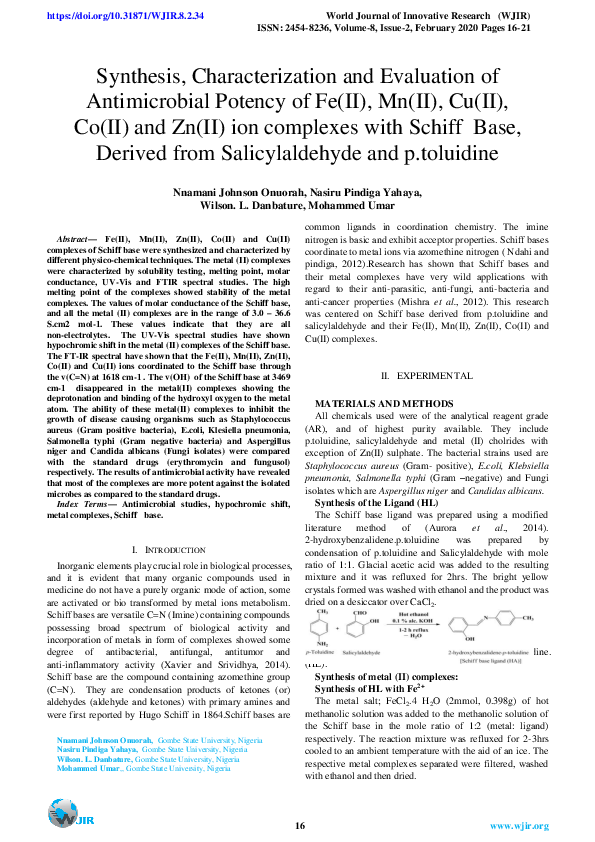 (PDF) Synthesis, Characterization and Evaluation of Antimicrobial Potency of Fe(II), Mn(II), Cu ...