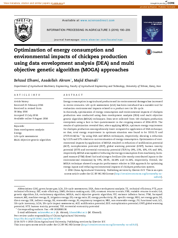(PDF) Optimization of energy consumption and environmental impacts of chickpea production using ...