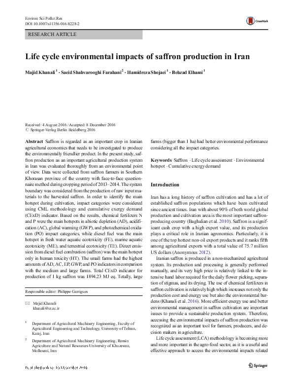 (PDF) Life cycle environmental impacts of saffron production in Iran