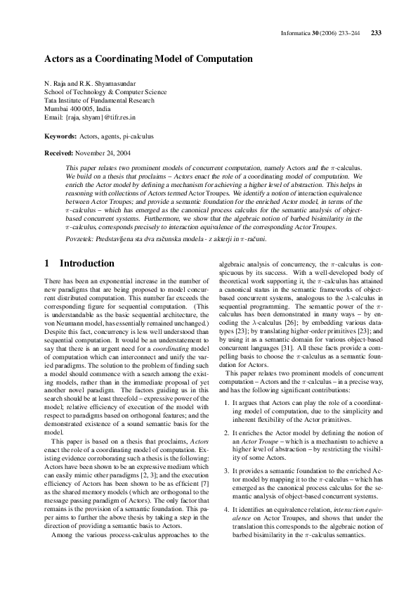 (PDF) Actors as a Coordination Model in Computation