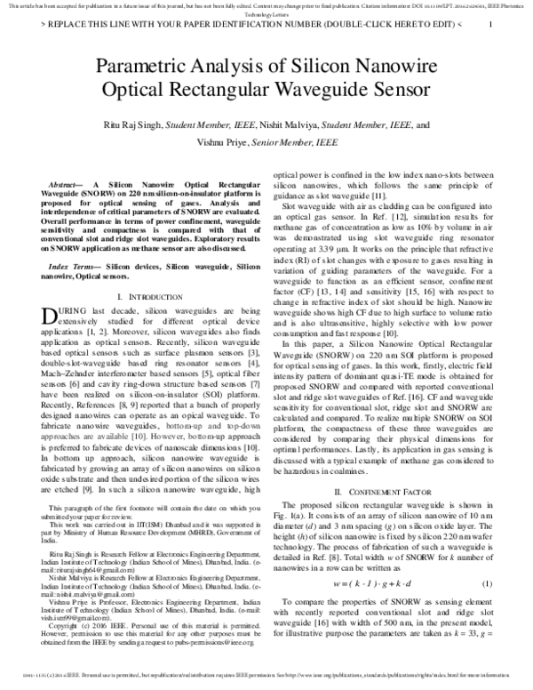 (PDF) Parametric Analysis of Silicon Nanowire Optical Rectangular Waveguide Sensor