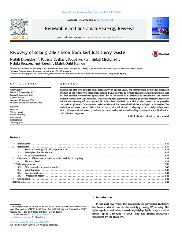 (PDF) Recovery of solar grade silicon from kerf loss slurry waste