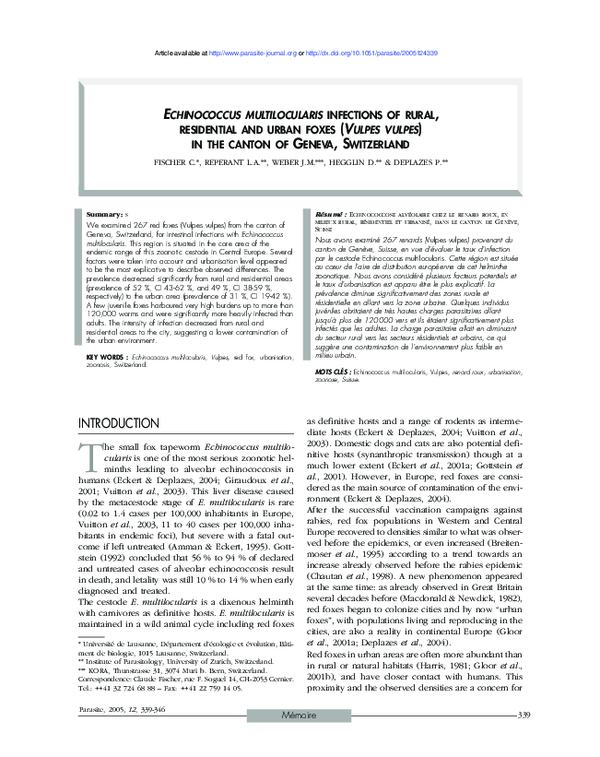 (PDF) Echinococcus multilocularisinfections of rural, residential and urban foxes (Vulpes vulpes ...