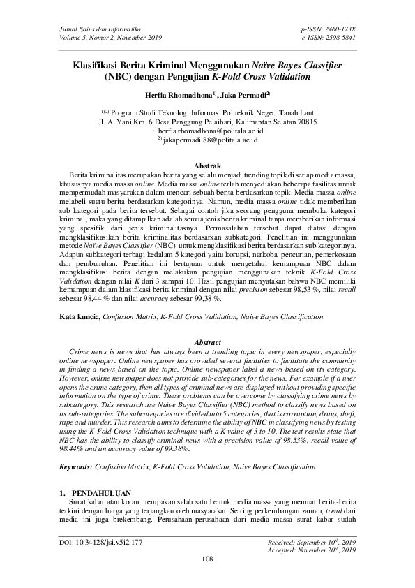 (PDF) Klasifikasi Berita Kriminal Menggunakan Naïve Bayes Classifier (NBC) dengan Pengujian K ...