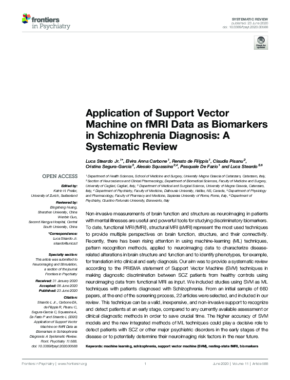 Pdf Application Of Support Vector Machine On Fmri Data As Biomarkers In Schizophrenia
