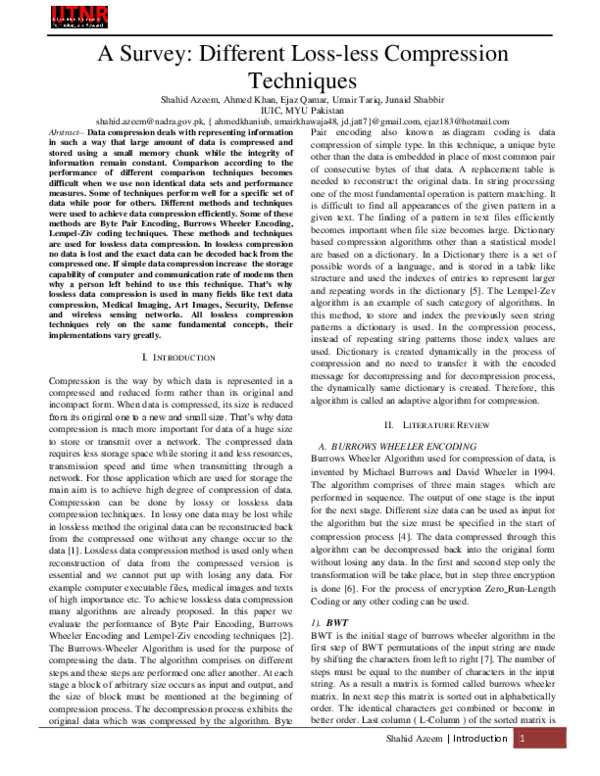 (PDF) A Survey: Different Loss-less Compression Techniques