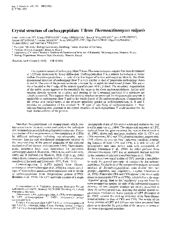 (PDF) Crystal structure of carboxypeptidase T from Thermoactinomyces ...