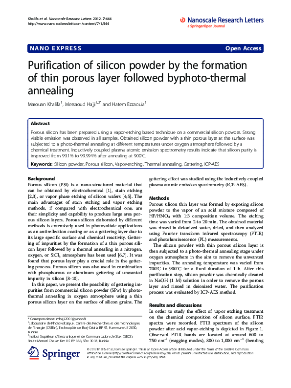 (PDF) Purification of silicon powder by the formation of thin porous ...