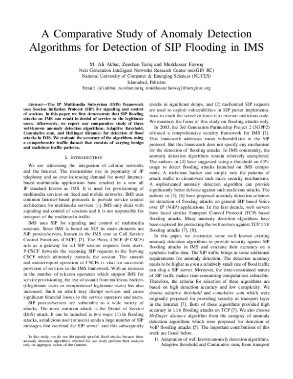 (PDF) A comparative study of anomaly detection algorithms for detection of SIP flooding in IMS