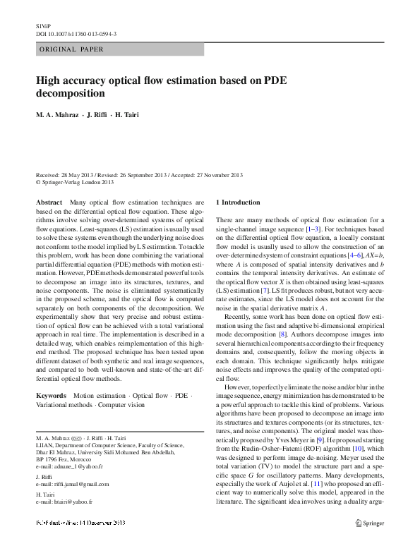 (PDF) High accuracy optical flow estimation based on PDE decomposition