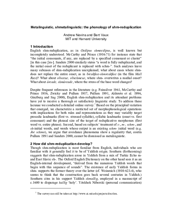 (PDF) Metalinguistic, shmetalinguistic: the phonology of shm-reduplication