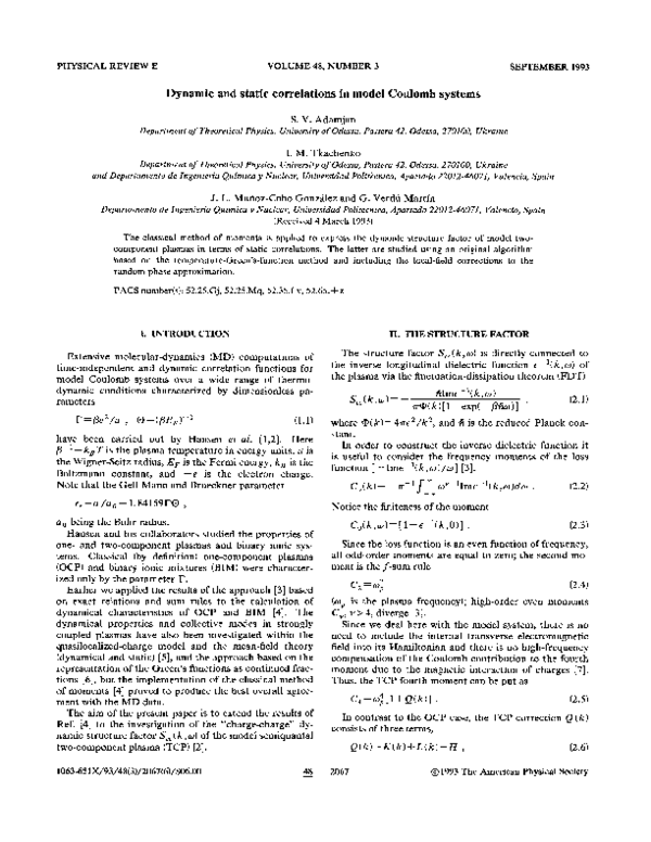 (PDF) Dynamic and static correlations in model Coulomb systems
