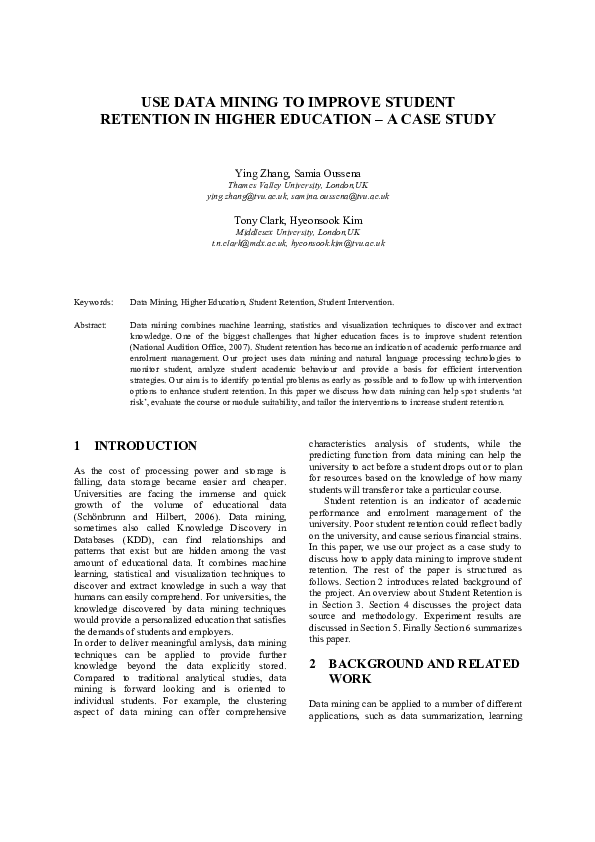 (PDF) USE DATA MINING TO IMPROVE STUDENT RETENTION IN HIGHER EDUCATION ...