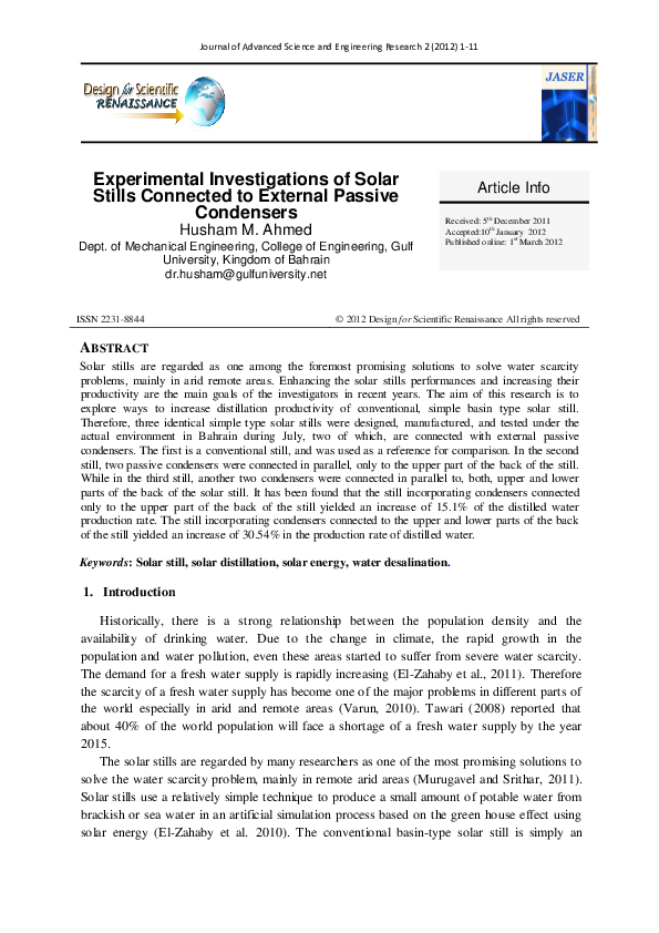 (PDF) Experimental Investigations of Solar Stills Connected to External ...