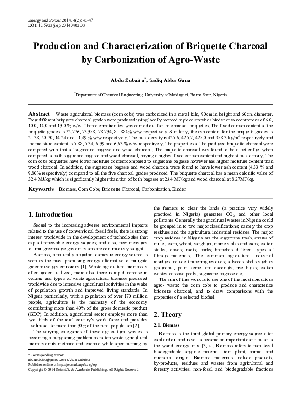 (PDF) Production and characterization of briquette from the activated charcoal of corncob