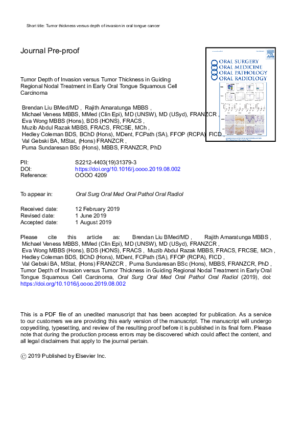 (PDF) Tumor Depth of Invasion versus Tumor Thickness in Guiding ...