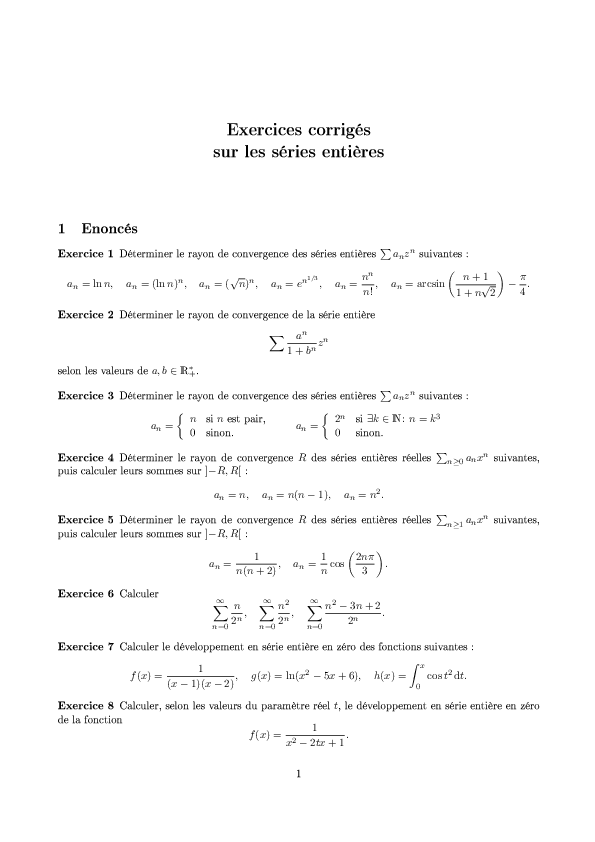 (PDF) Exercices corrigés sur les séries entières
