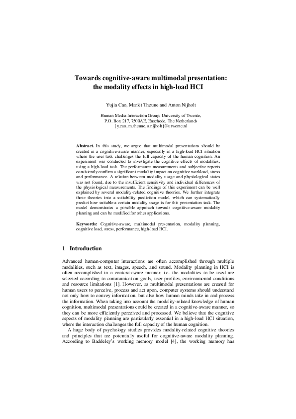 Pdf Towards Cognitive Aware Multimodal Presentation The Modality