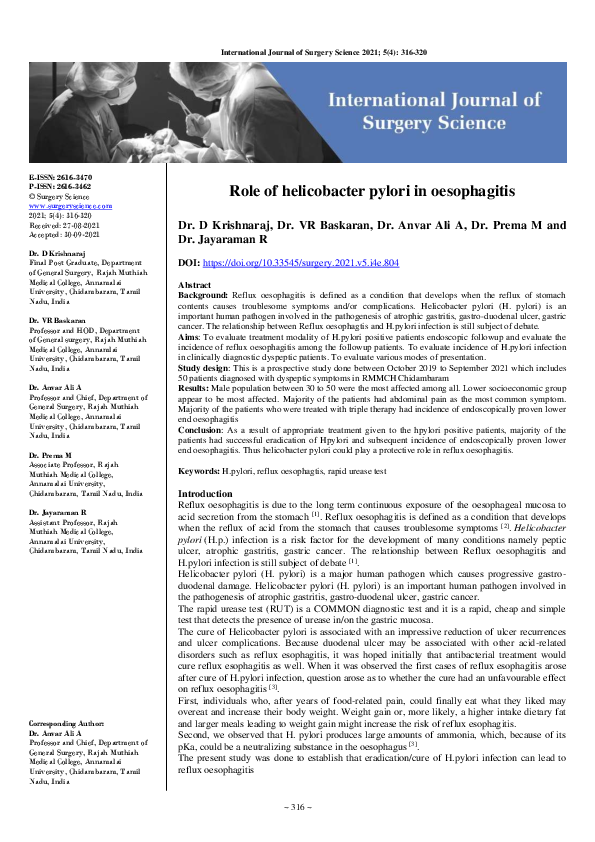 (PDF) Role of helicobacter pylori in oesophagitis