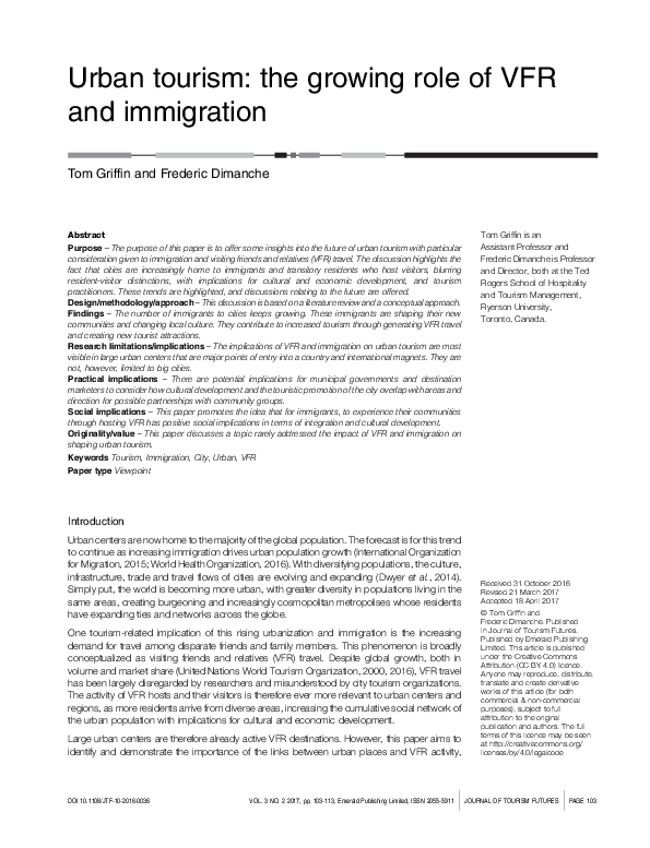 (PDF) Urban tourism: the growing role of VFR and immigration
