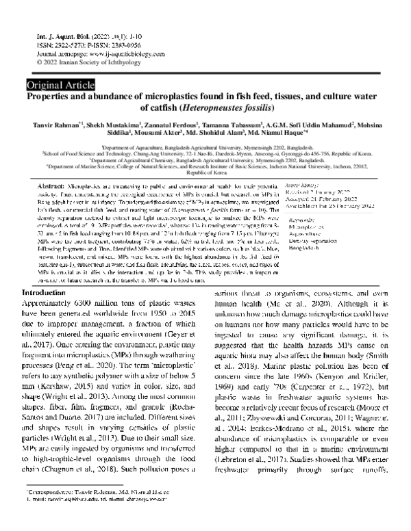 (PDF) Properties and abundance of microplastics found in fish feed, tissues, and culture water ...